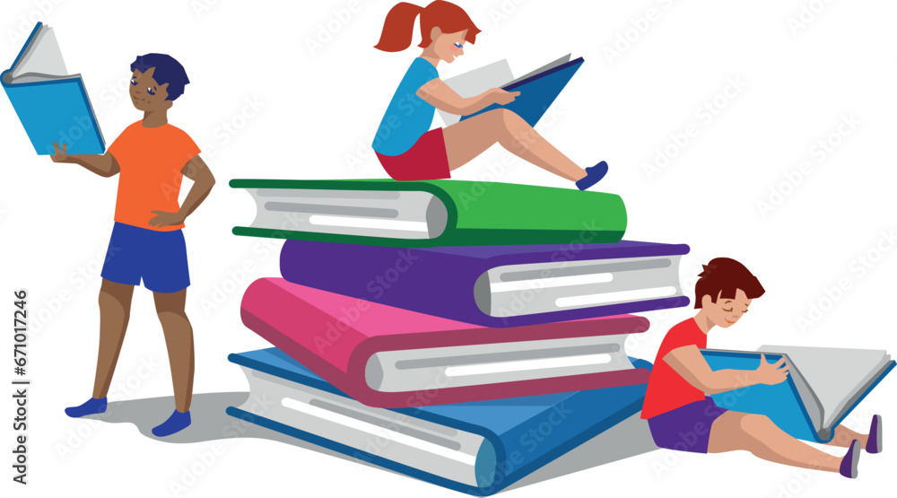 Kids reading on a huge pile of books. School education and knowledge ...