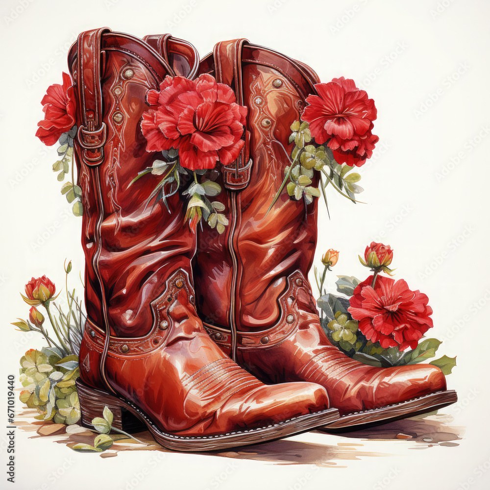 Watercolor Red cowboy boot with red roses white background Clipart ...