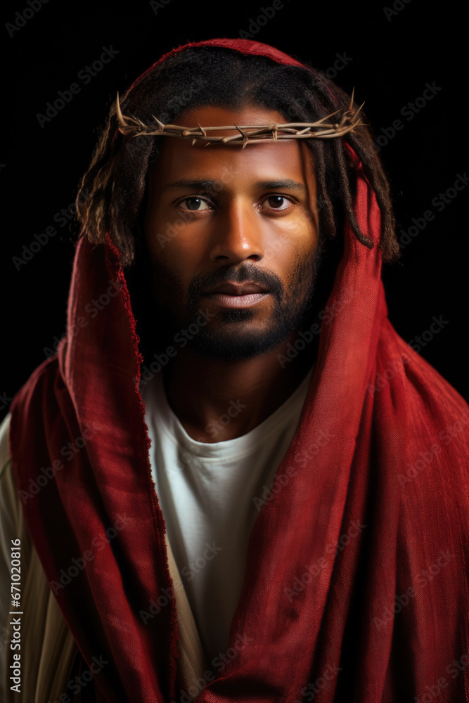 Black Jesus Christ. African american diversity. Red and white robe ...