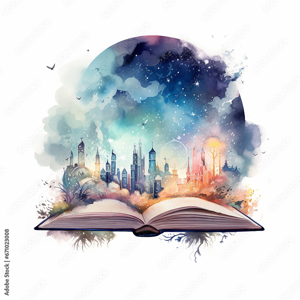 Fantasy sf open book with mystery cityscape and moon, isolated on a ...