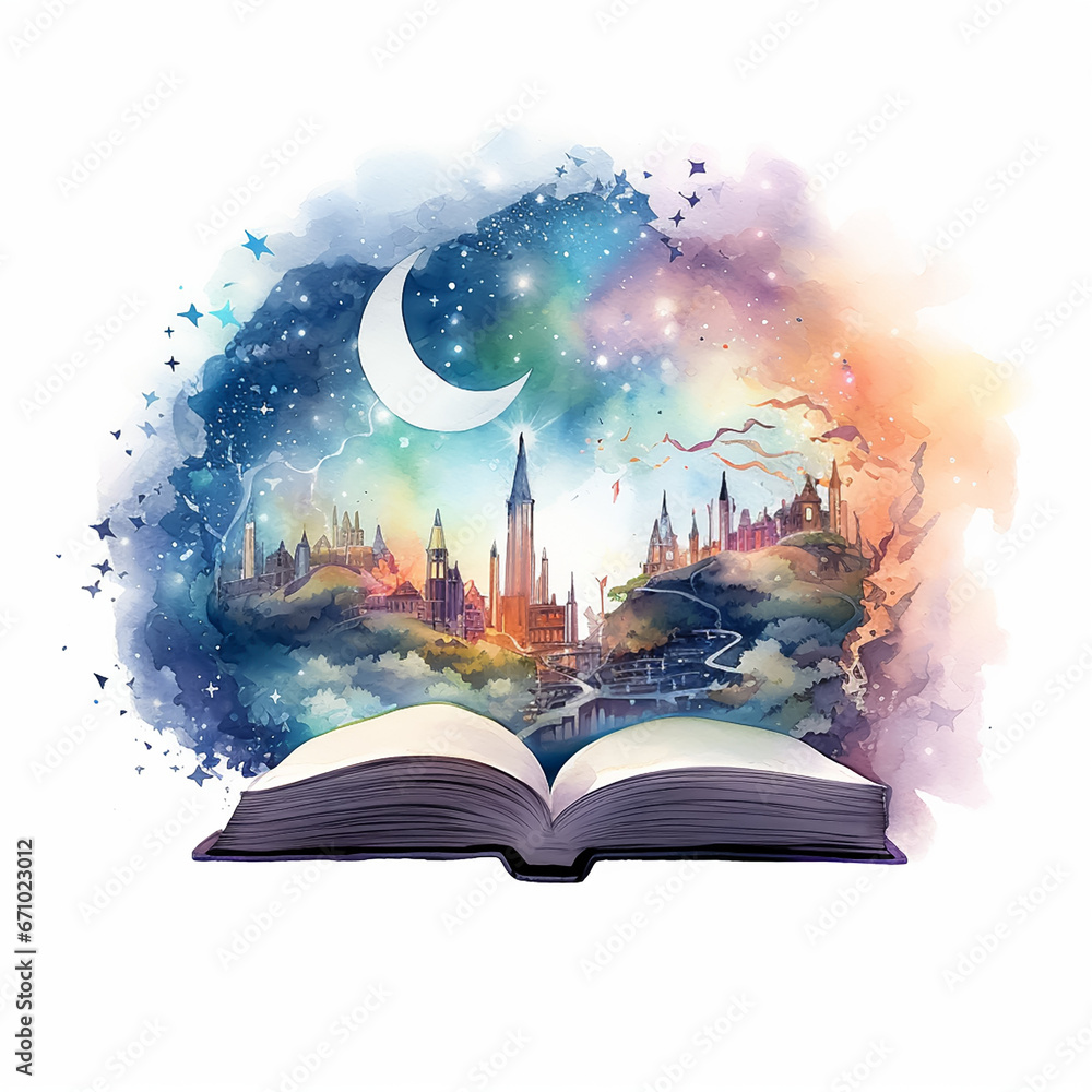 Fantasy sf open book with mystery cityscape and moon, isolated on a ...