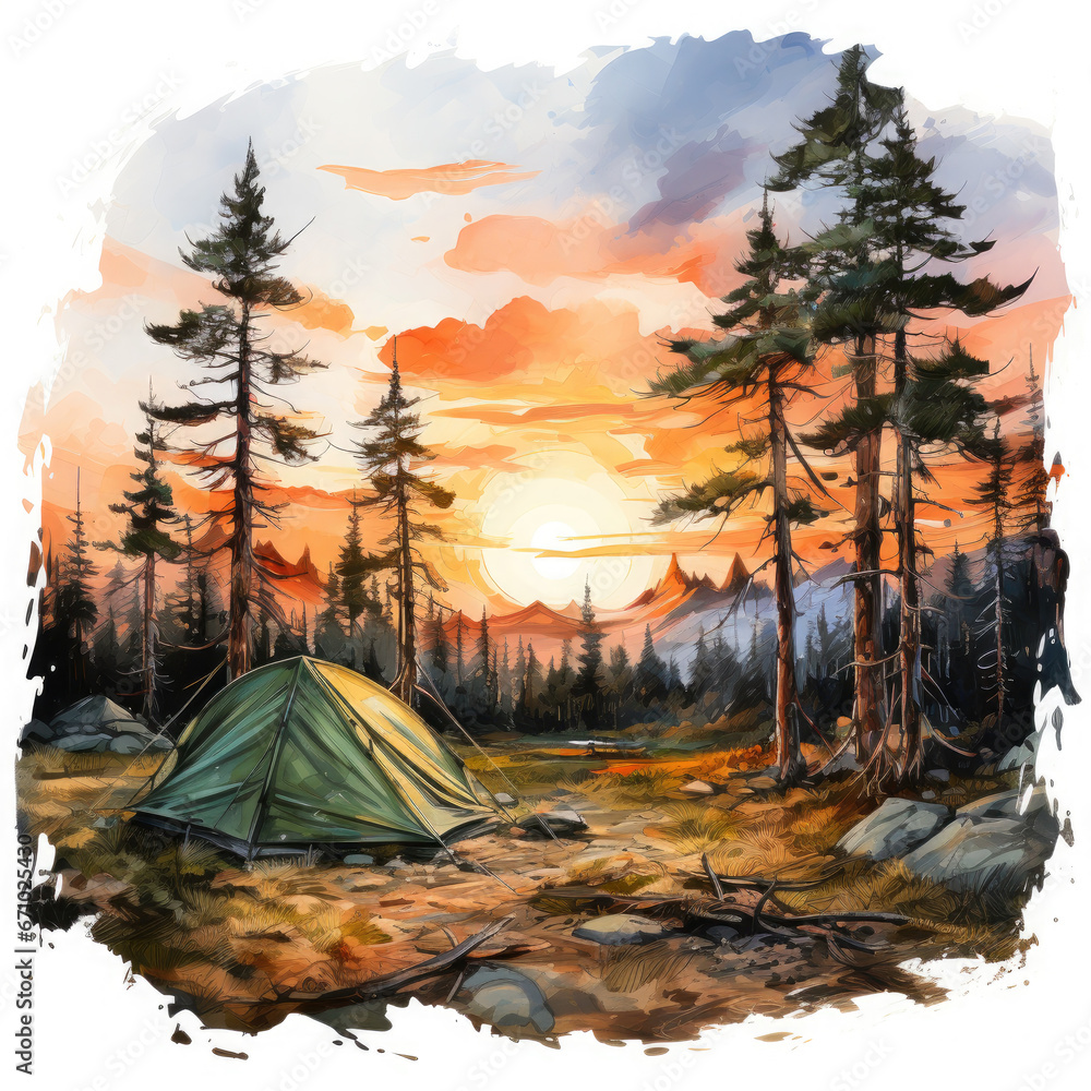 Watercolor ripped tent spruces sunset axe laying on ground Clipart ...
