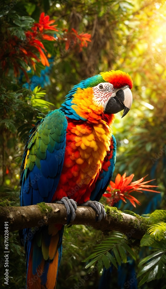 An adult Ara parrot sits on a tree branch in a tropical forest. A ...