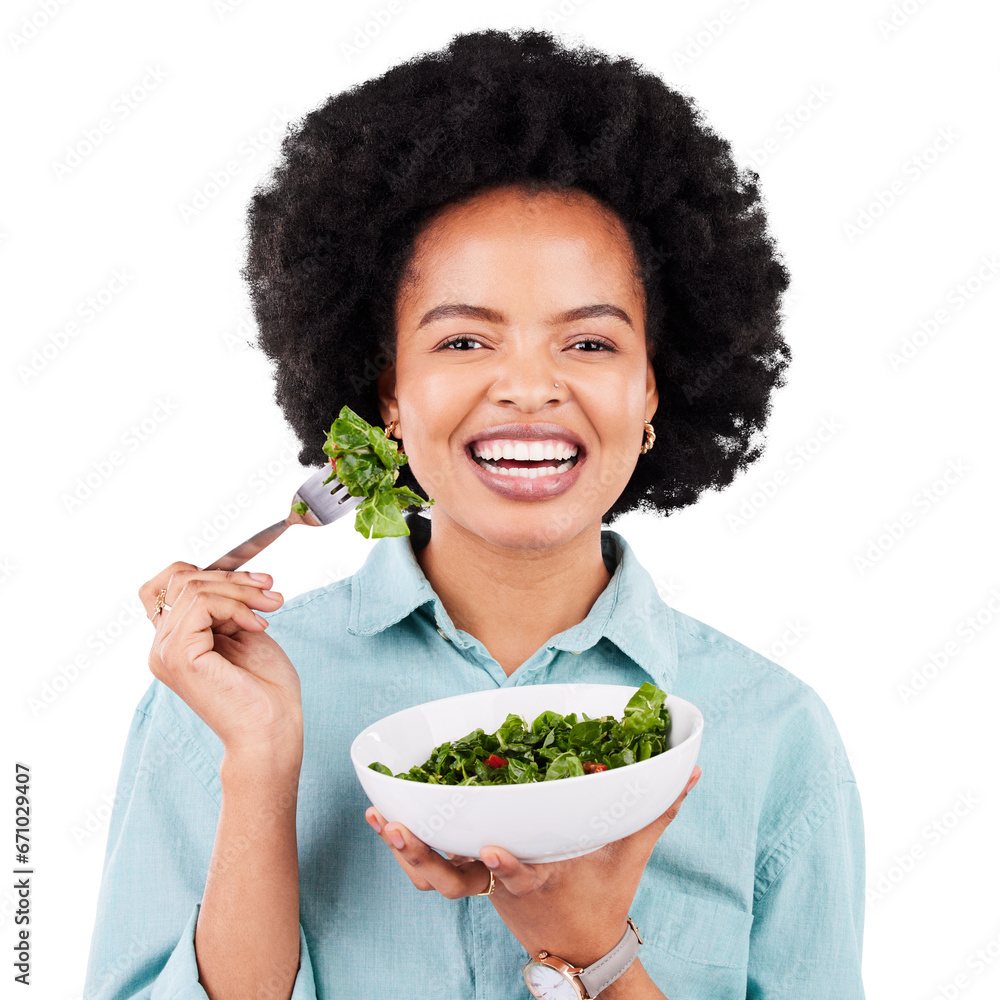 Salad, healthy food and portrait of a black woman eating vegetables for ...