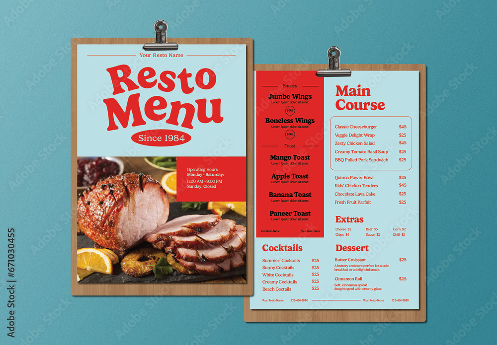 Blue Red Modern Clean Nostalgic Multiple Menu Stock Template | Adobe Stock