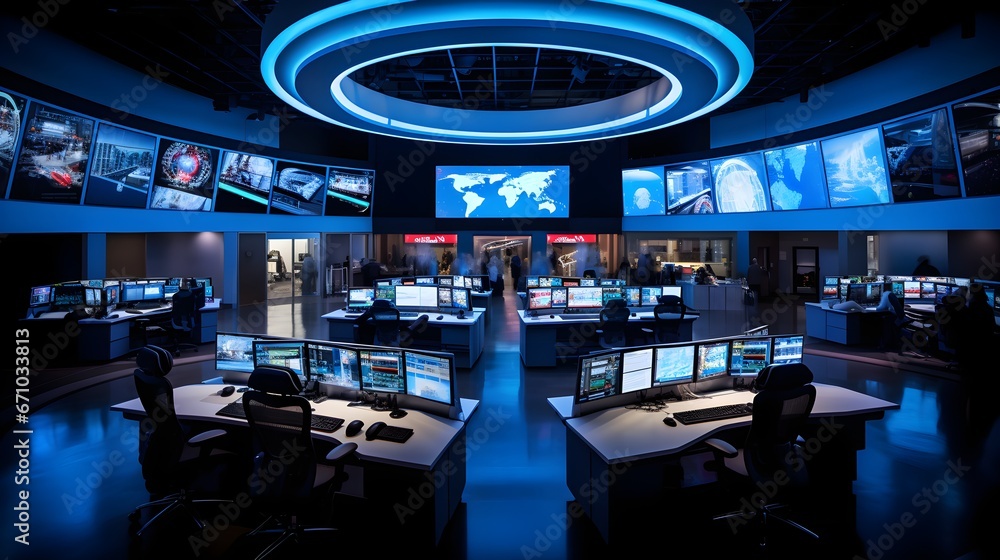 Digital command center, wide-angle shot of a high-tech control room ...