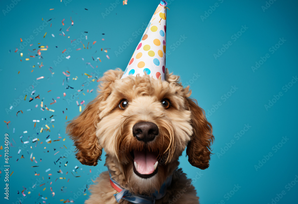 Happy cute labradoodle dog wearing a party hat celebrating at a ...