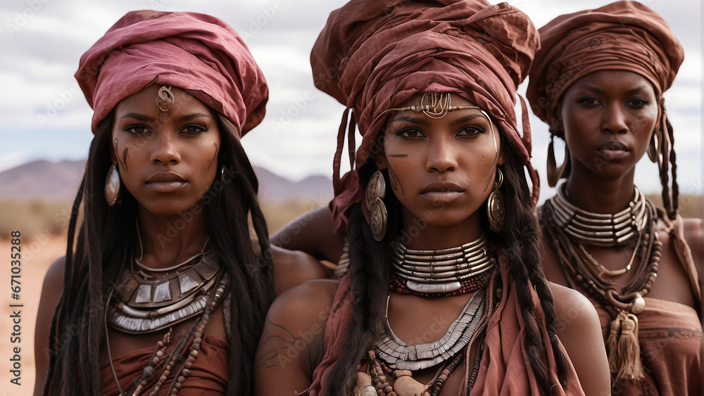Three beautiful dark-skinned girls in national hats and bright makeup ...