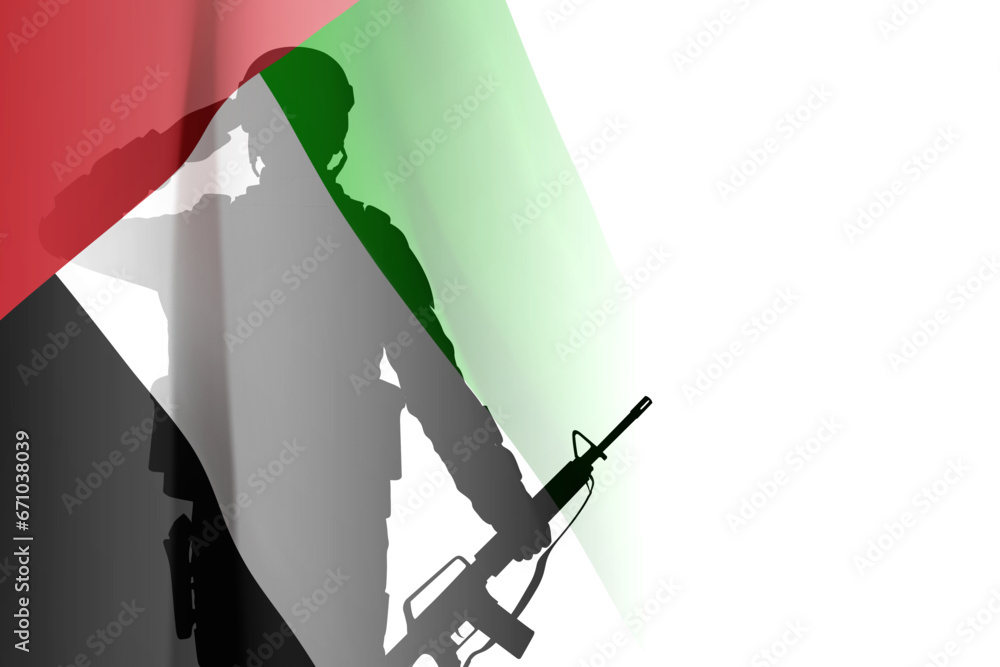 Silhouette of soldier with the flag of UAE on white background. Armed ...