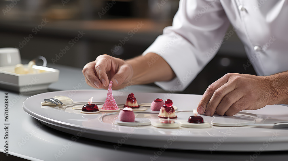 Chef hands decorate the gourmet strawberry dessert before serving ...
