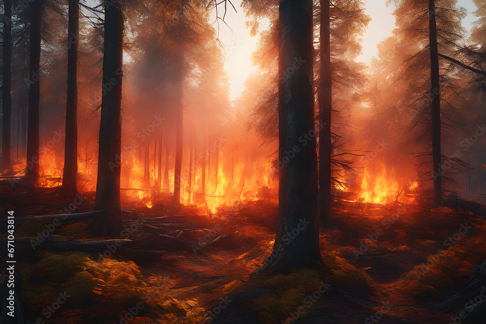 Forest fire disaster illustration, trees burning wildfire nature ...