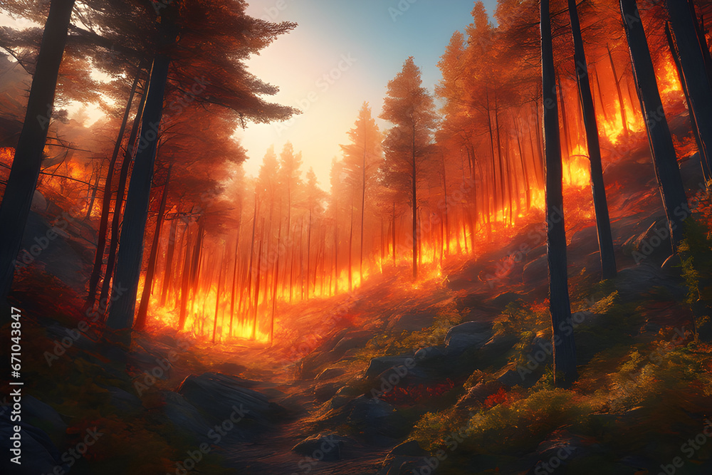 Forest fire disaster illustration, trees burning wildfire nature ...