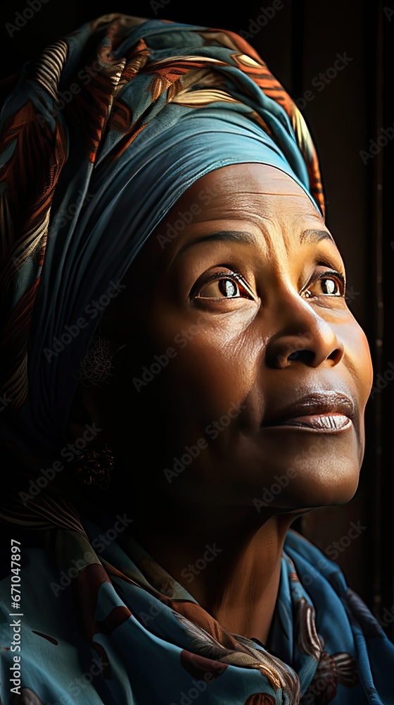 An older black woman mournfully looks out her window. Sad emotion ...