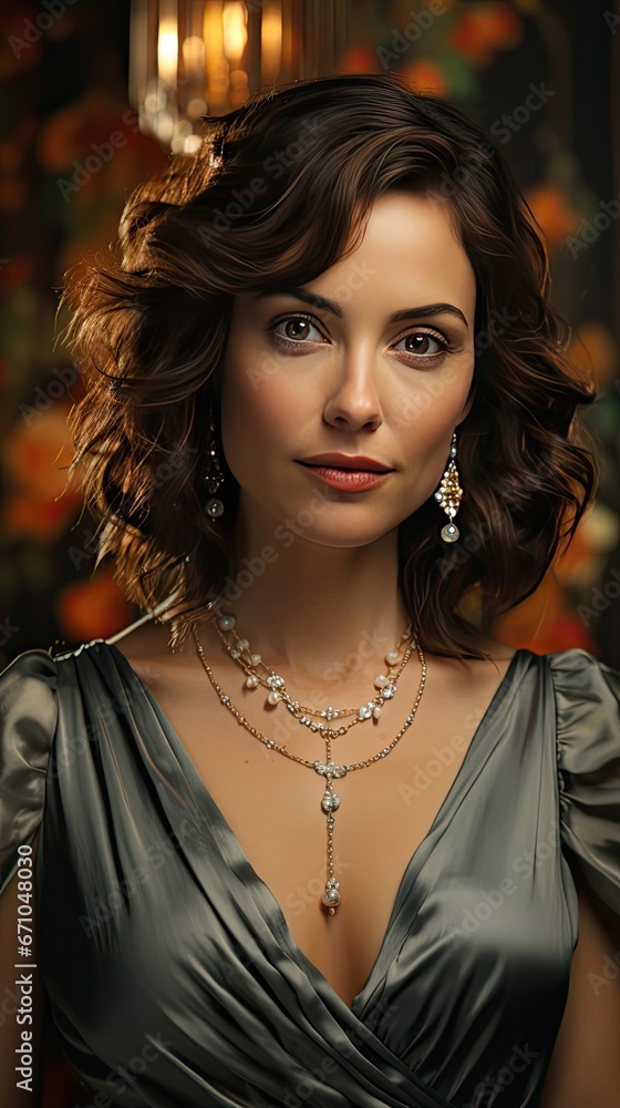 Beautiful female model, 40s years old, has perfect shiny, glowing body ...