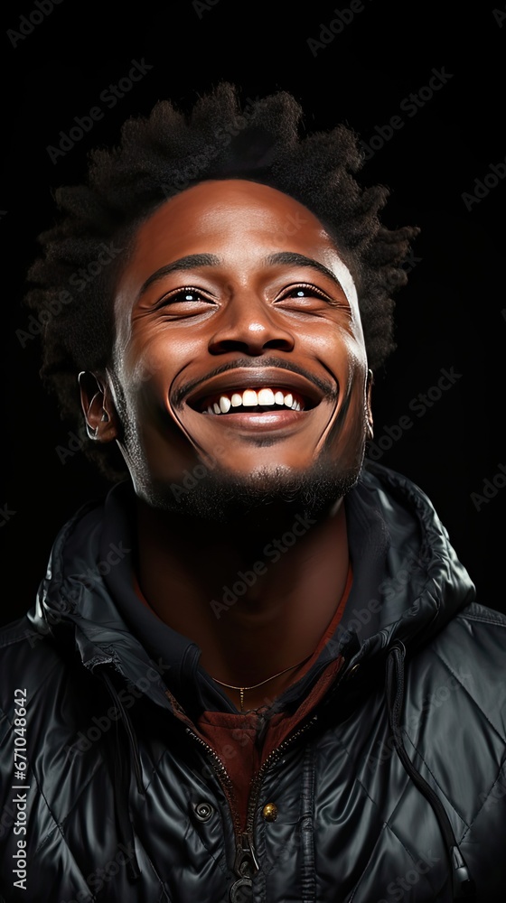 Handsome unshaven young dark-skinned male laughing out loud at funny ...