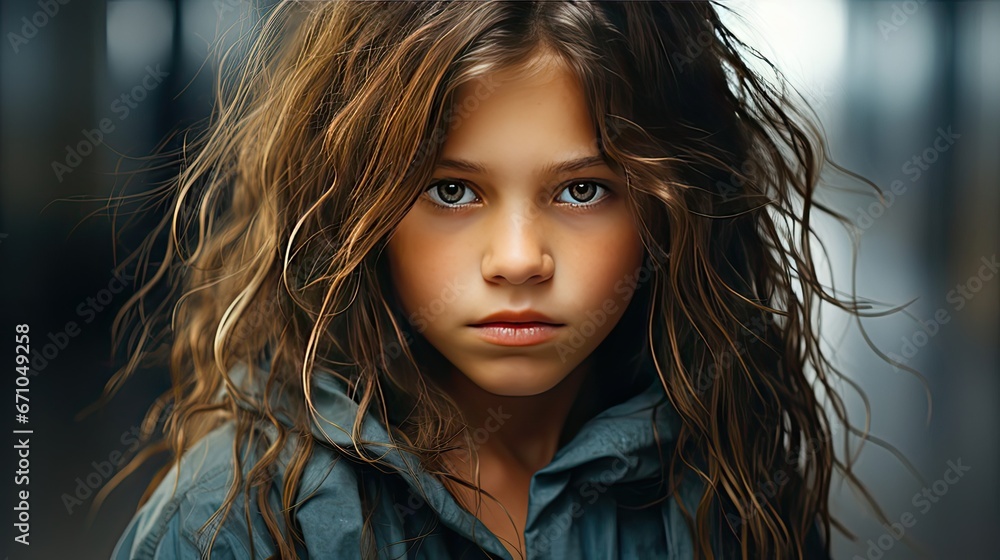 Crop close up portrait of serious sad little Caucasian girl look at ...
