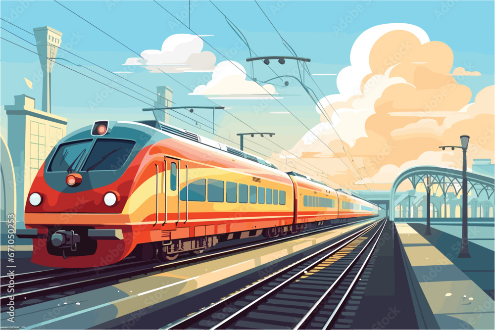 Train on the railway, Train rides arrives at the station, Vector ...