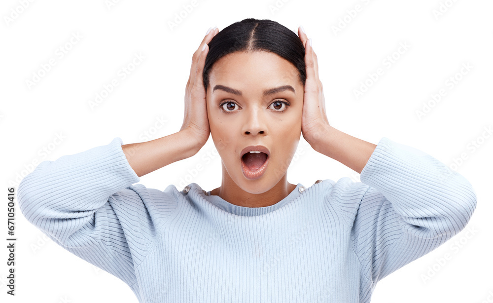 Surprise, wow and shocked with portrait of woman on png for ...