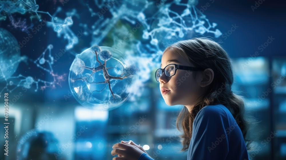 double exposure photography of girl student thinking in science class ...