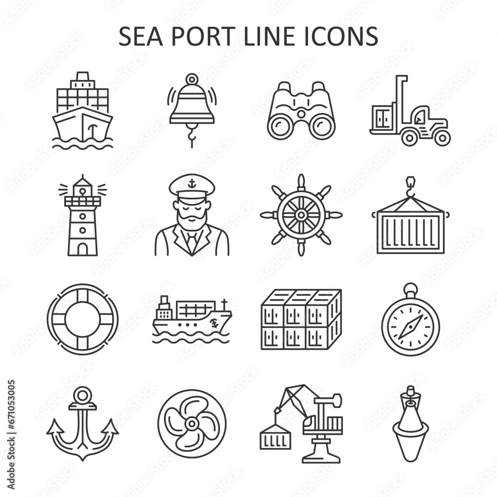 Sea port line icon set. Shipping industry collection with ship, captain ...
