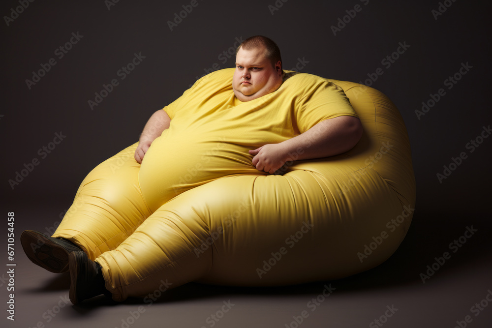 Fat man sitting on giant yellow chair with his legs crossed. Stock ...