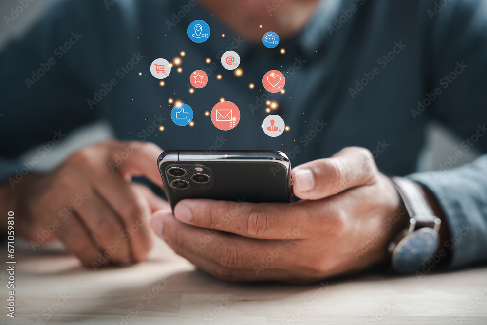 Digital connectivity at home man chats on smartphone, discussing live ...