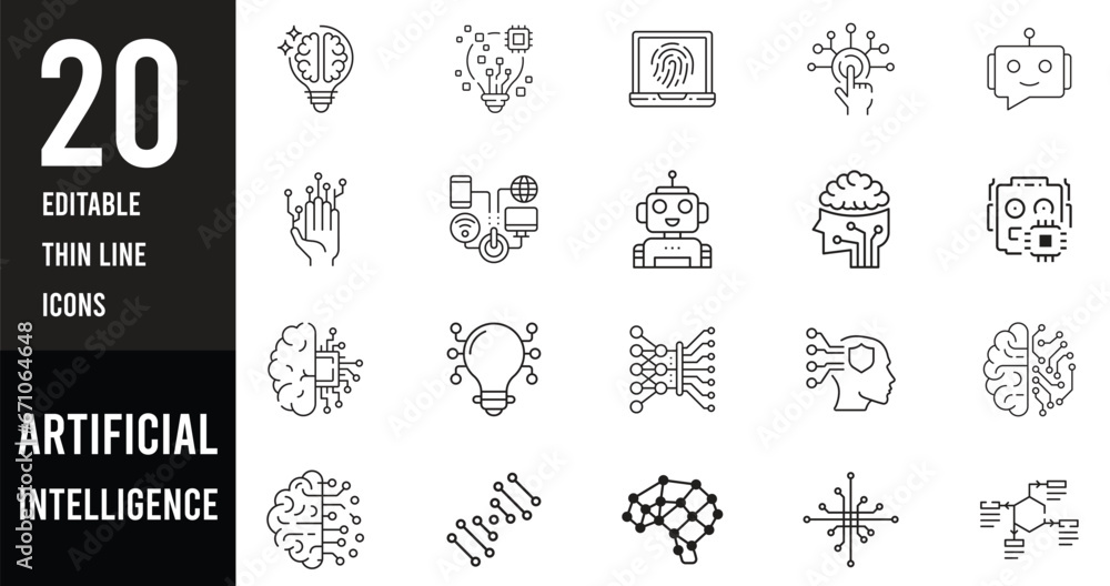 artificial intelligence icon set in line style, machine learning, smart robotic and cloud ...