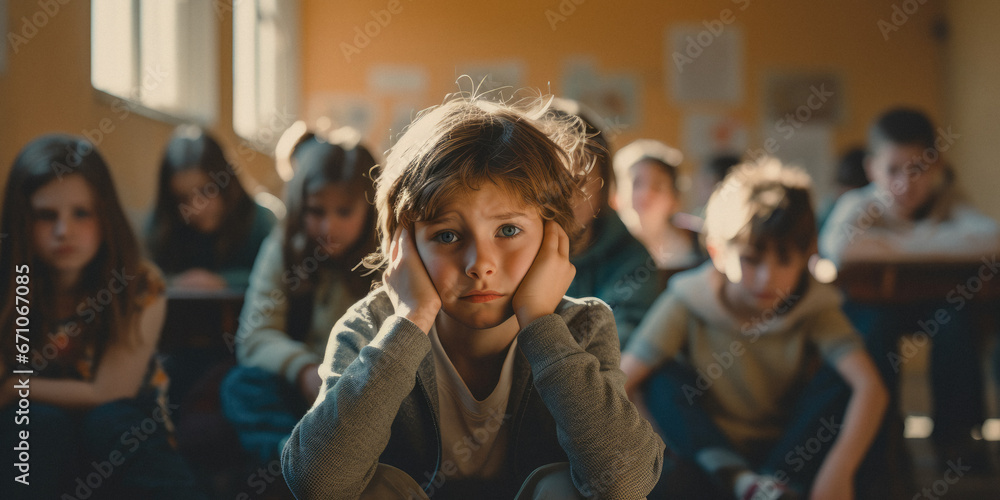 Bullying victim in school classroom looking very sad and troubled ...