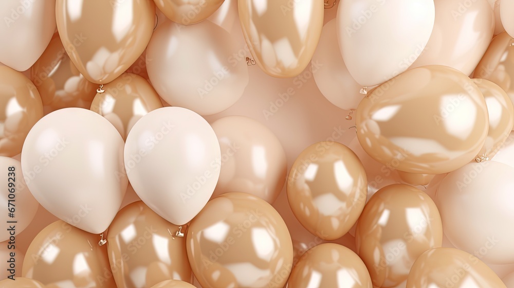 a large group of balloons floating in the air with a light brown ...
