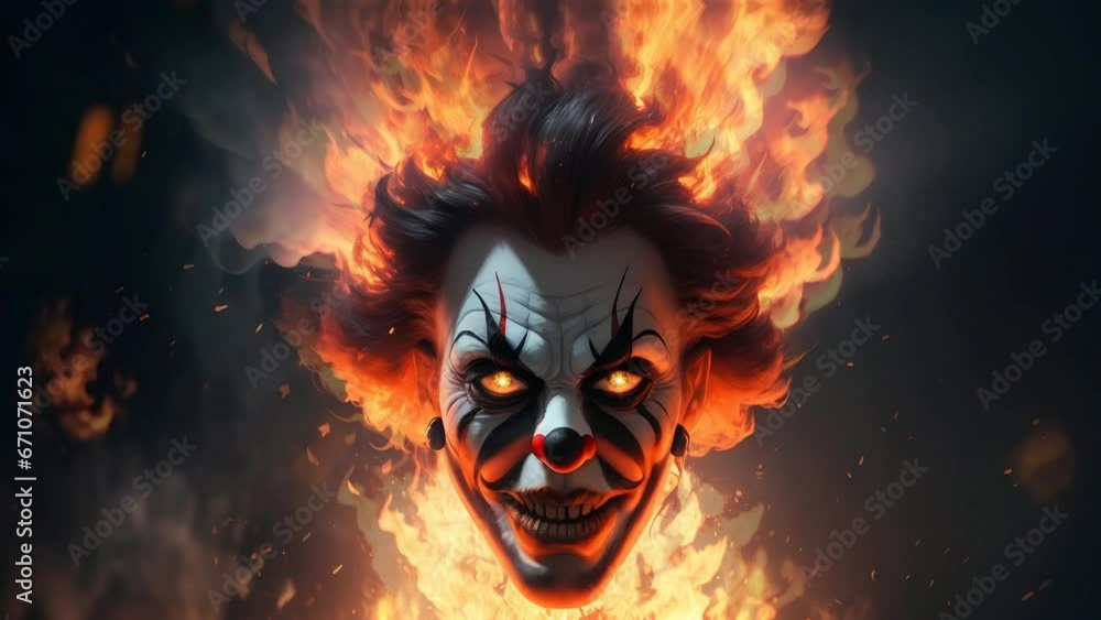 scary clown on fire video animation, seamless looping video animated ...