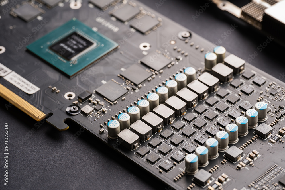 Electronic components and video card microchips. Close-up of an ...