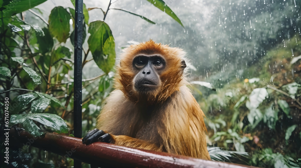 Monkey caught under the tropical rain in the jungle rainforest Stock ...