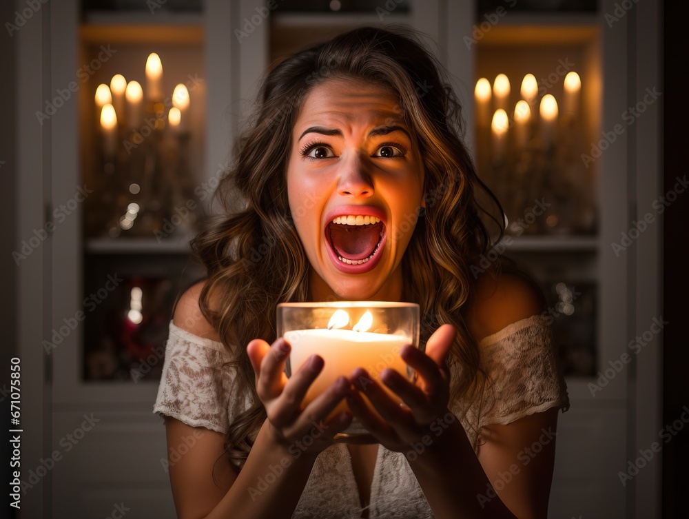 Beautiful and Terrified Woman Mouth open Screaming while Holding a Lit ...
