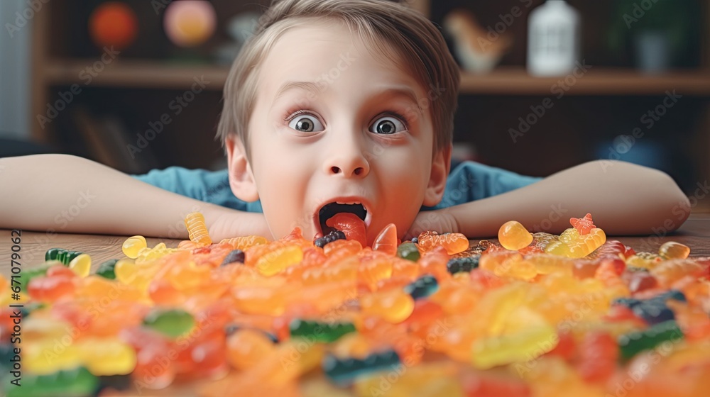 many jelly gummy candy, worm or butterfly shape on table kid hands ...