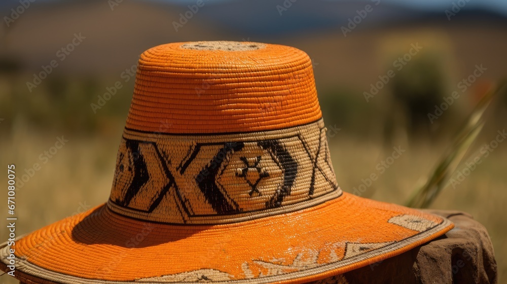 The traditional Basotho grass-works made hat, called "mokorotlo". It is ...