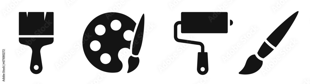 Paint icon collection. Paint brush, paint roller, color palette icons ...