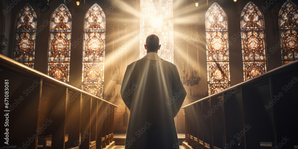 Silhouette of a priest with rays of light coming through stain glass ...