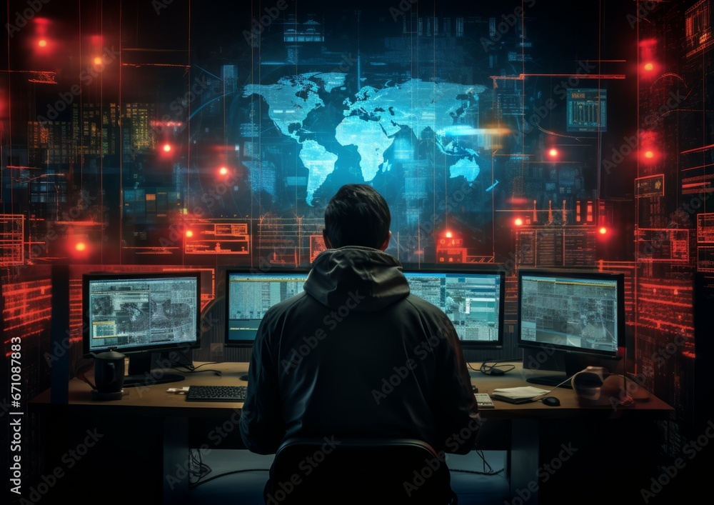 Engineer IT silhouette in big database server center in office. Ultra high speed data server ...