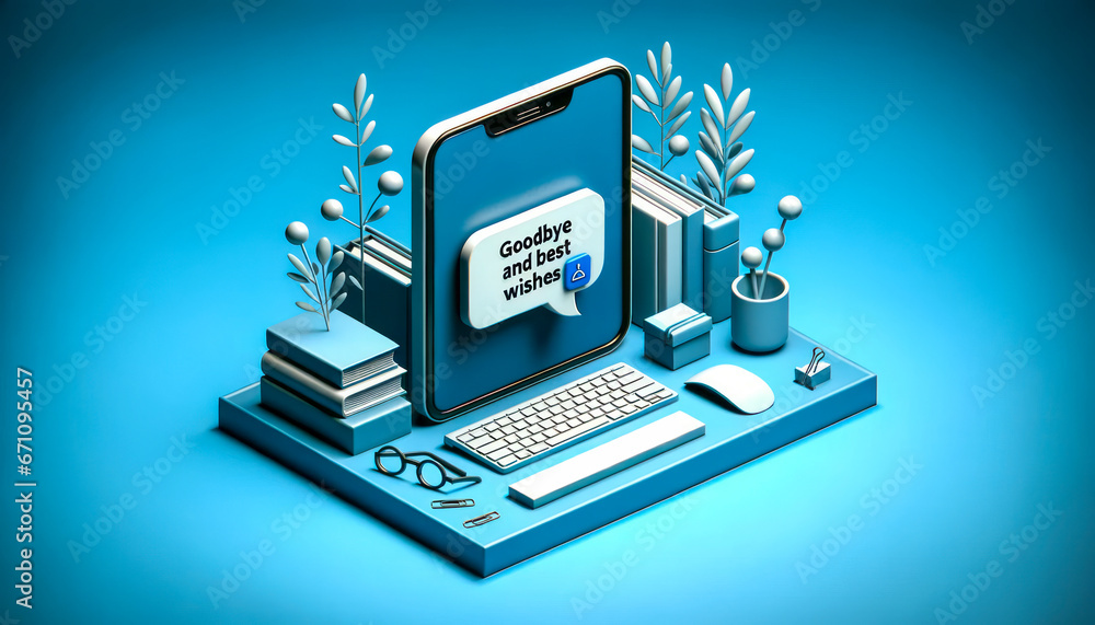 3D graphic of a digital message notification on a serene blue screen ...