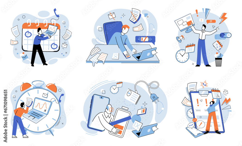 Busy employee vector illustration. The deadline for project created ...