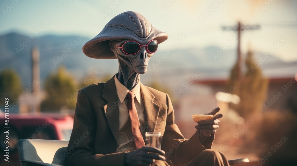 A fedora-wearing man in a sharp suit and tie stands under the sky, his ...