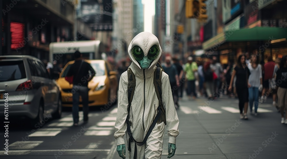An extraterrestrial pedestrian, clad in otherworldly clothing, strolls ...