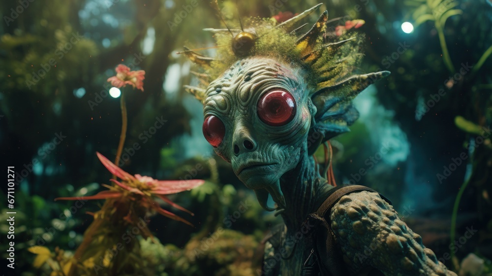 A mysterious alien with piercing red eyes and a menacing spikey tail ...