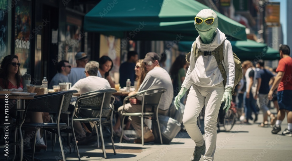 A mysterious alien figure clad in unique garments strolls down a ...