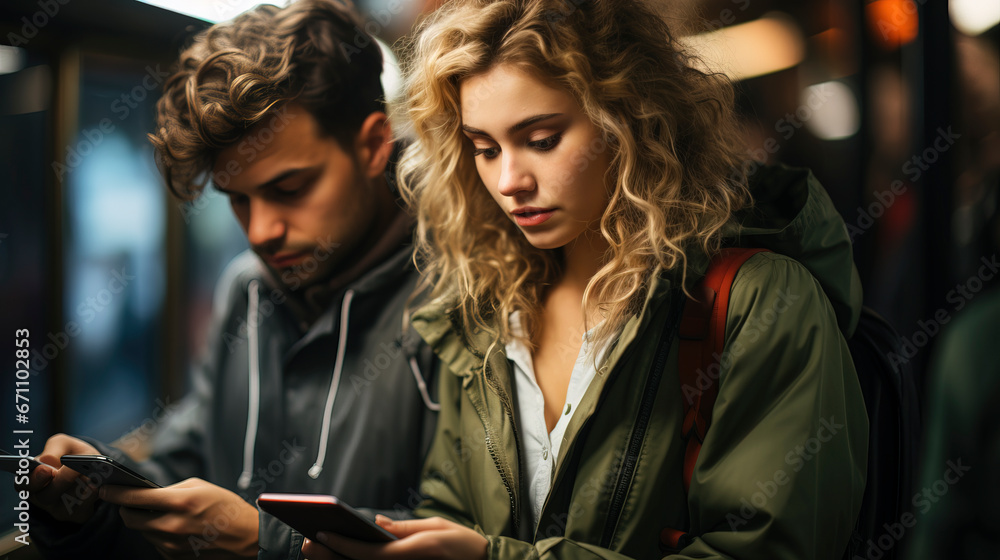 Gen Z Digital Native: Two Young Adults Engrossed in Smartphones on ...