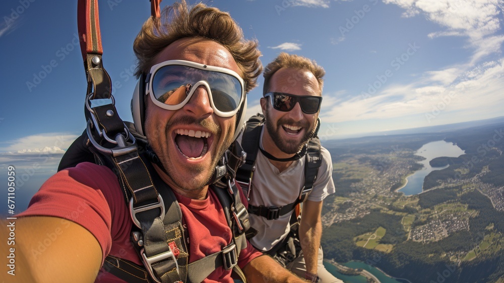 a picture of a tandem skydiver with the jump plane overhead in the ...