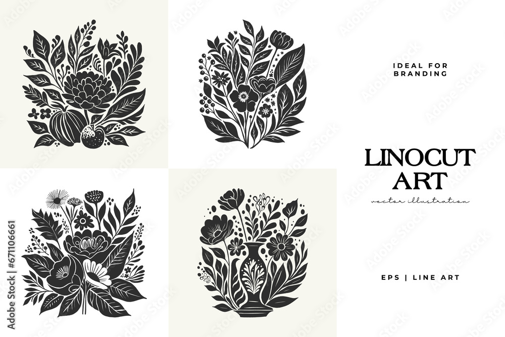 Abstract linocut flowers with magic, girls and mystical in ornate rural ...