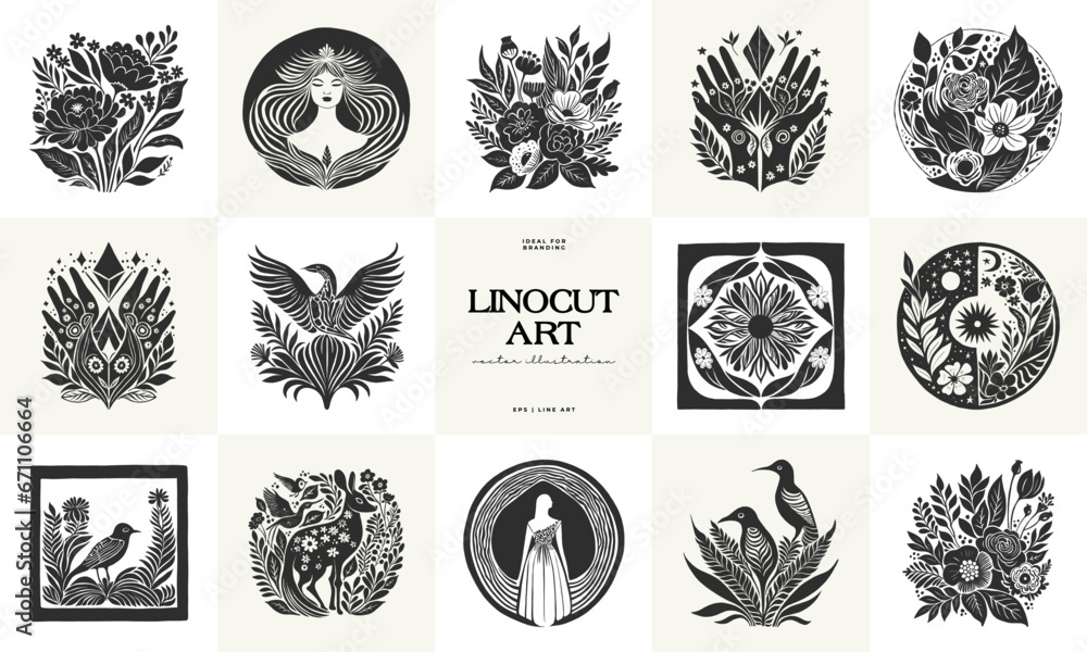 Abstract linocut flowers with magic, girls and mystical in ornate rural ...