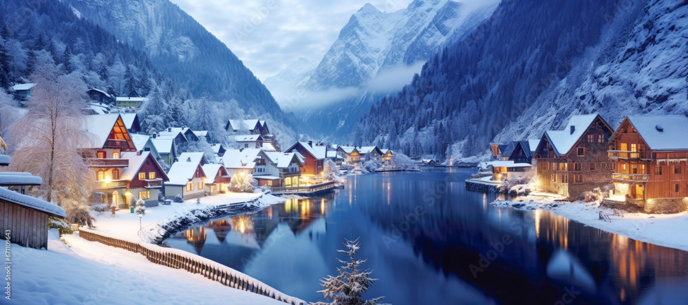 A classic alpine scene, featuring a cluster of chalets and scenic lake ...