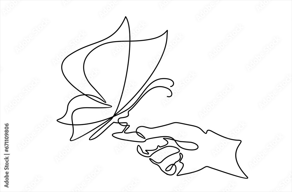 Butterfly sit on the human hand. Insect moth flying in the air. One ...